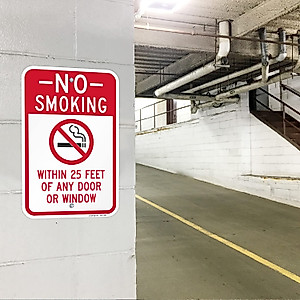 SmartSign 18 x 12 inch “No Smoking - Within 25 Feet of Any Door Or Window” Metal Sign, 63 mil Laminated Rustproof Aluminum, Red, Black and White