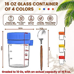 MADEHOME Set of 4 Premium Overnight Oats Containers with Lids, Mason Jars 16 oz with lids, Glass Meal Prep Containers, Large Mason Jars, Meal Prep Container Microwave Safe, Yogurt Containers with Lids