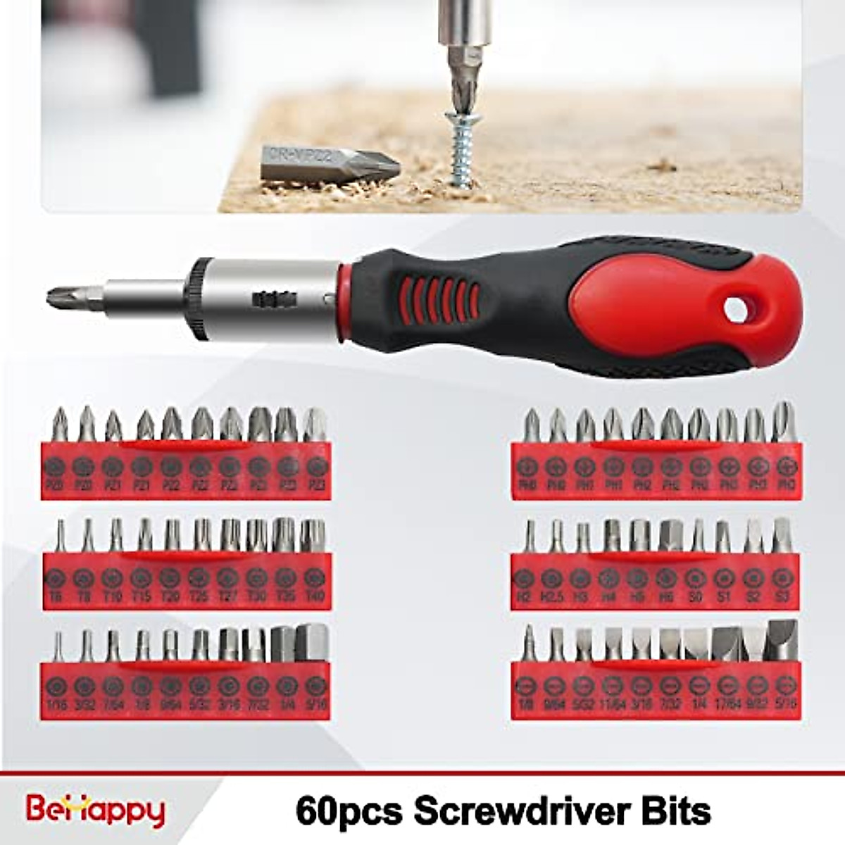 BEHAPPY 118PCS Magnetic Screwdriver Set, Screwdriver Set with Plastic Racking, Precision, Slotted, Phillips, Hex, Pozidriv, Torx Screwdriver Set and Magnetizer Demagnetizer DIY Tools for Tools Gift
