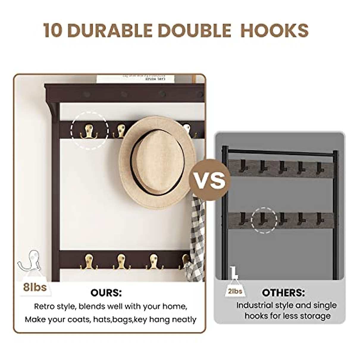 SEIRIONE Bamboo Coat Rack Shoe Bench, 5 in 1 Design Freestanding Hall Tree for Entryway Storage Organizer, 10 Hanger Hooks, 1 Upper Shelf, Easy Assembly,Dark Brown