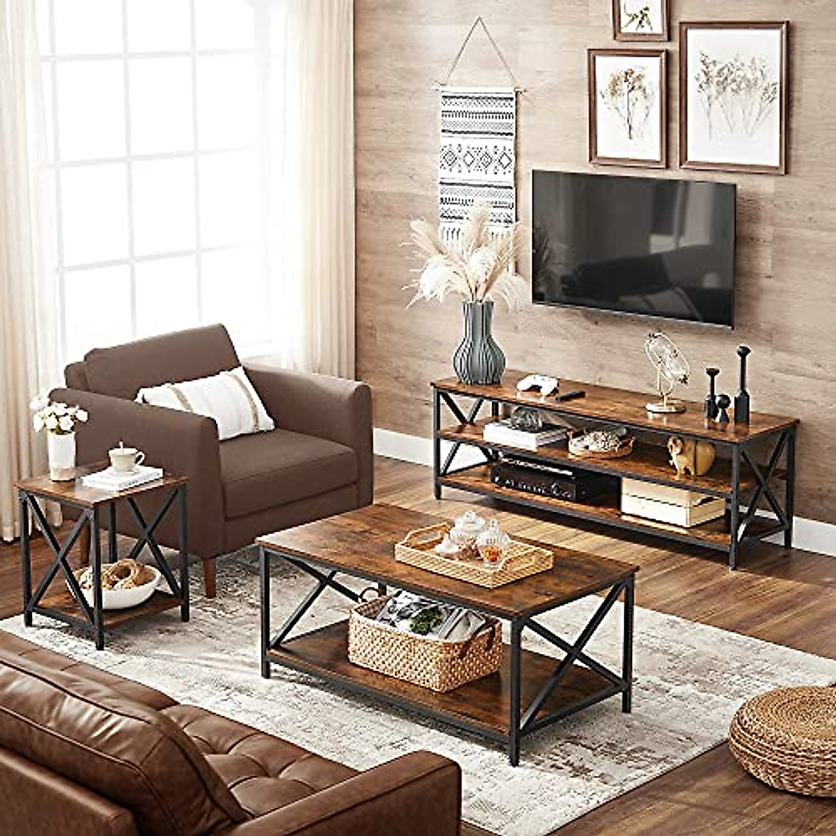 VASAGLE TV Stand for up to 65 Televisions, Media Console with Shelves, 3-Tier Storage, and X-Shape Steel Frame, 57.9 x 15.7 x 19.7 Inches, Rustic Brown