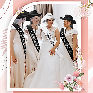 Newcotte 14 Pcs Bride Cowgirl Hat with Veil and Satin Sash Bachelorette Cowboy Hats Set for Wedding Party Bridal Shower Decor(White and Black)