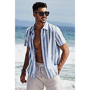 JMIERR Men's Summer Casual Stylish Short Sleeve Button-Up Shirts Cotton Linen Vertical Striped Business Dress Shirts Beach Cruise Shirt Resort Wear Old Money Aesthetic Clothes, US 43(L), Sky Blue