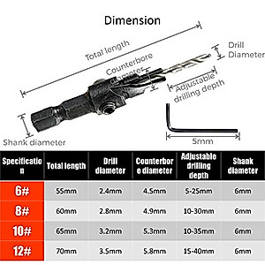 OCGIG HSS Countersink Drill Bit Quick Change Hex Shank Screw Chamfer Counter #6#8#10#12, with 1/4" Hex Shank and Allen Wrench,for Woodworking Drilling Holes