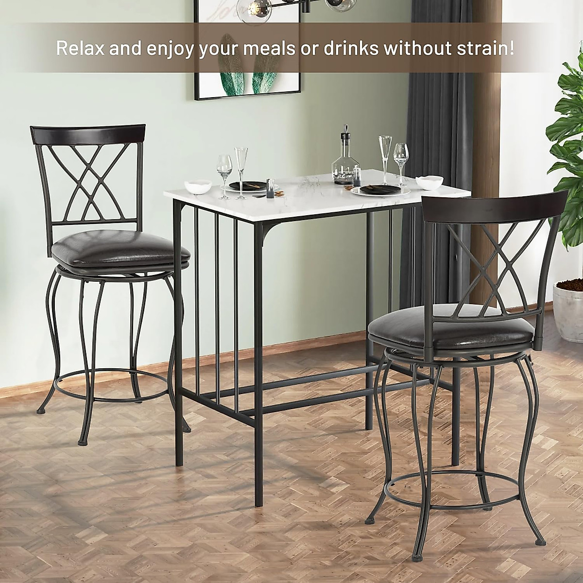 FurnitureR Classic Barstools Set of 2, Elegant Metal Back and Footrest Swivel Counter Height Bar Stools for Kitchen Island Pub, Bistro, Restaurant - Black (24 Inch)