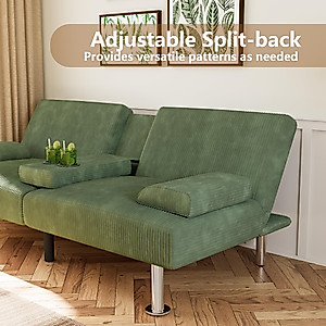 Flamaker Futon Sofa Bed Corduroy Folding Couch Adjustable Sleeper Sofa Bed for Small Apartment Upholstered Living Room Furniture Set with 2 Cup Holders Removable Armrests (Green)
