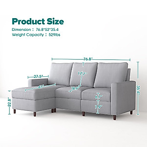 GinguoHome Convertible Sectional Sofa Couch, 3 Seat L-Shaped Sofa with Linen Fabric, Movable Ottoman Small Couch for Small Apartments, Living Room and Office (Grey)