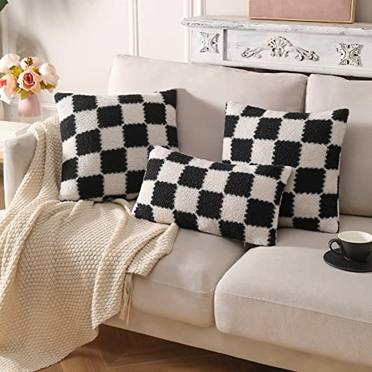 Fluffy Cesthetic Throw Pillow Covers Pack of 2 Cute Decorative Pillows Checkerboard Pattern Cushion Case Super Soft Faux Fur Wool Pillowcases for Couch Bedroom 16"*16" Black and White