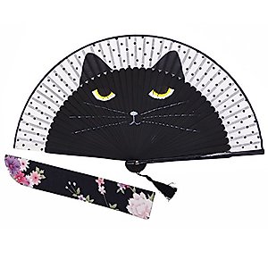Amajiji Women Lovely Black Cat Folding Silk Fan Handheld Fan for Wedding, Dancing, Church, Party, Gifts (Black)