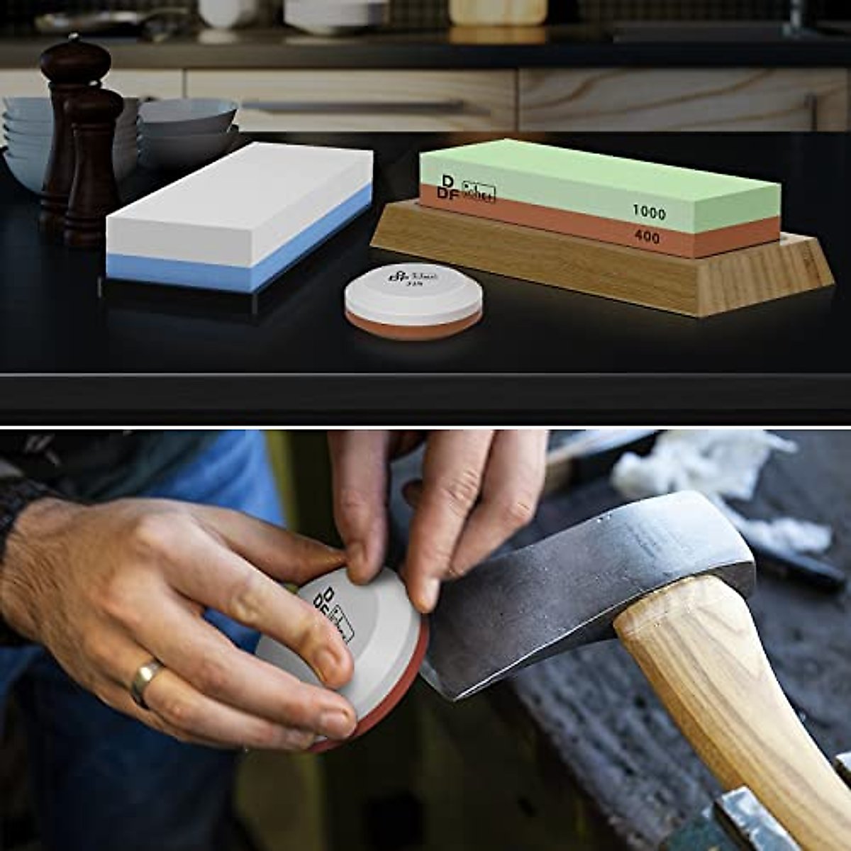 DDF iohEF Whetstone Sharpening Stone Kit 4 Side Grit 400/1000 3000/8000 Wet Stone Knife Sharpeners Set with Axe Sharpening, Angle Guide, Flattening Stone, Leather Strop, Non-Slip Bamboo Base