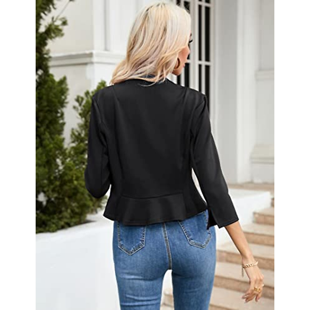 KOJOOIN Womens Fall Fashion 2023 Casual Business Cropped Blazer 3/4 Sleeve Collarless Open Front Ruffle Work Office Cardigan Suit Jacket Shrug Black Small