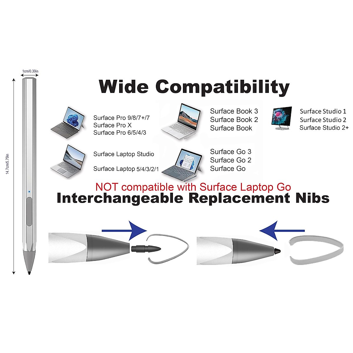 4096 Pressure Stylus Pen for Microsoft Surface Pro 9/8/7/6/5/4/3/X Surface Laptop Book Studio Surface 3/Go3/Go2/Go Pen Protocol, Magnetic Hold, Erase Copy Paste+Tilt&Palm Rejection Function (Silver)