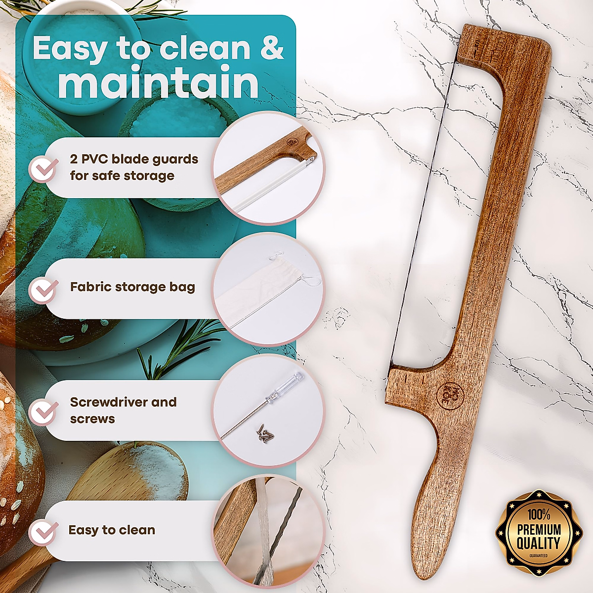 MO KÖE 16” Wooden Bread Knife - Double Serrated Stainless Steel Blade - Bow Knife for Homemade & Sourdough Bread - Ambidextrous Design for Right & Left Handed Users