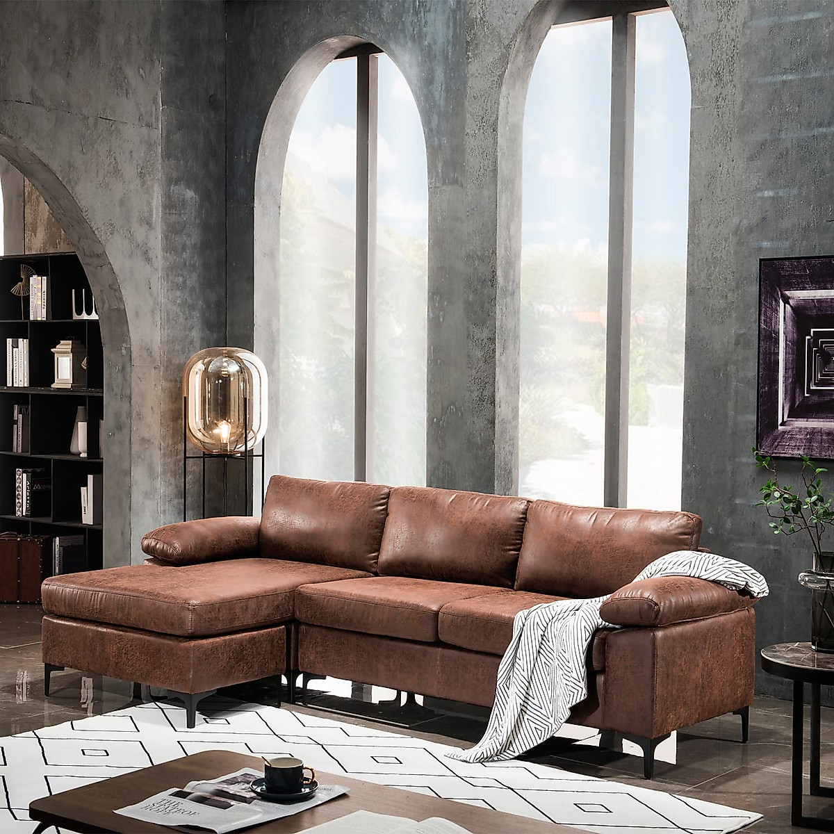 HOOOWOOO 100" L Shaped Couch with Reversible Chaise Living Room Couch Modern Sofa Set for Small Living Room Apartment Space,Dark Brown Faux Suede