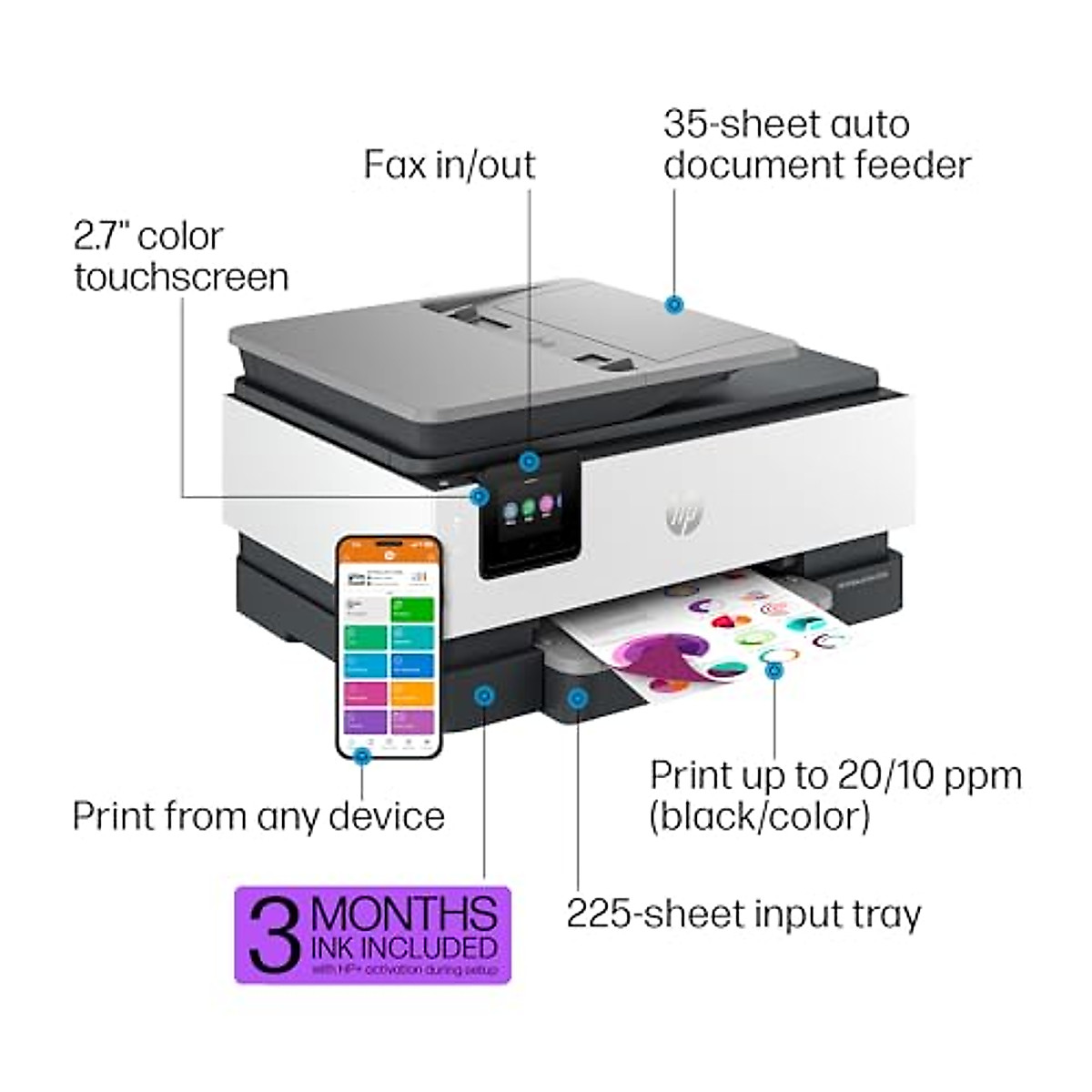 HP OfficeJet Pro 8135e Wireless All-in-One Color Inkjet Printer, Print, Scan, Copy, Fax, ADF, Duplex Printing, Best-for-Home Office, 3 Months of Instant Ink included (40Q35A)