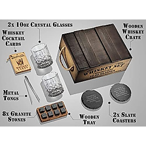 Mixology Whiskey Gift Set, Whiskey Glass Set with Rustic Wooden Crate, 8 Granite Whiskey Rocks Chilling Stones, 10oz Whiskey Glasses, Gift for Men, Dad, Husband, Boyfriend - Jameson Dark Brown