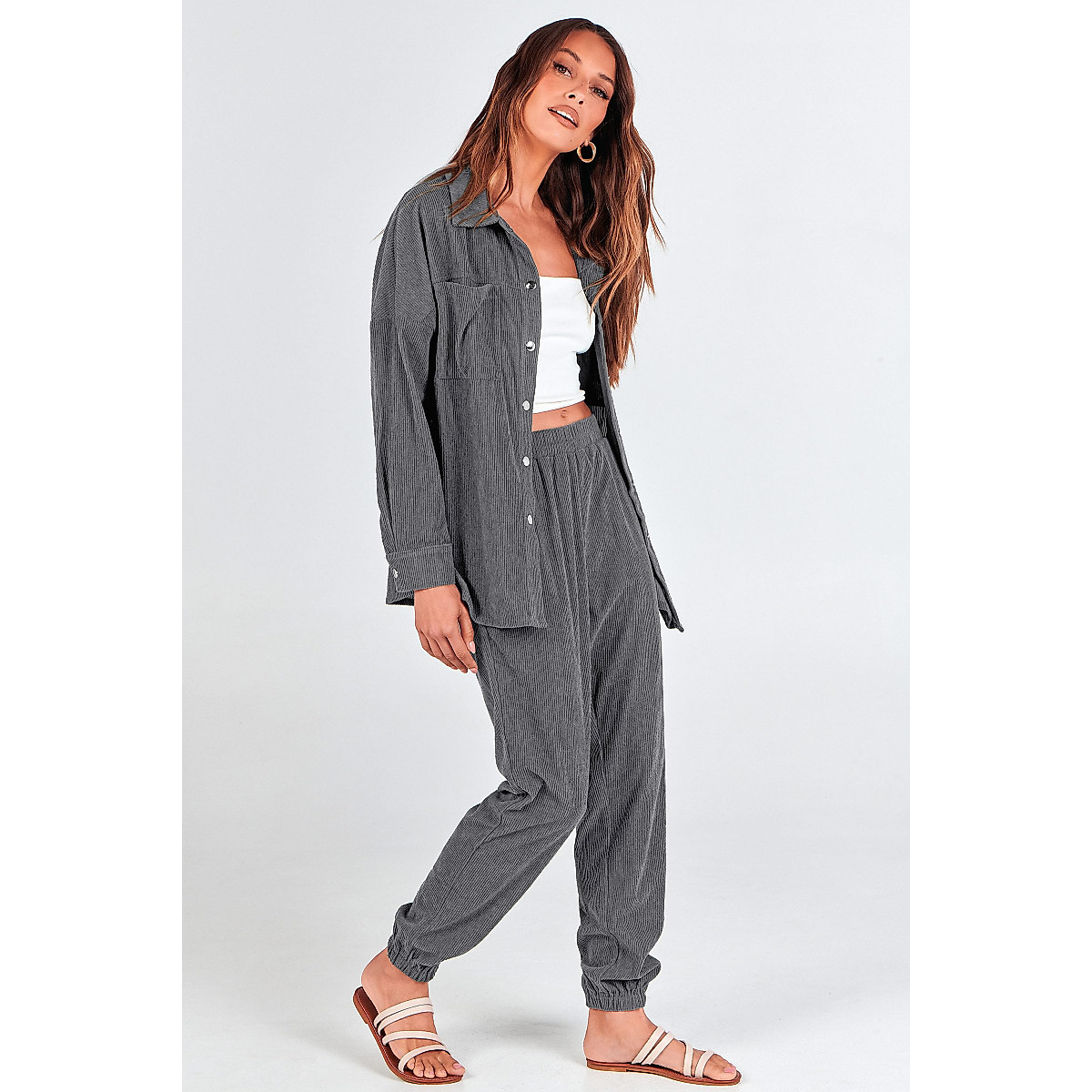 PRETTYGARDEN Women's 2 Piece Outfits Casual Corduroy Long Sleeve Button Down Jacket and Pants Tracksuit with Pockets (Grey,Large)