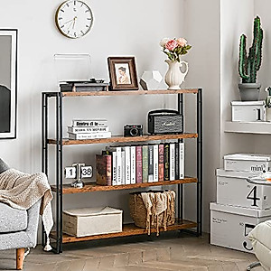 Bookshelf,4-Tier Industrial Bookcase,Rustic Wood and Metal Open Display Book Shelves Home Office,Bedroom Standing Shelf Unit,Horizontal Kitchen Shelf Organizer,Bathroom Storage Rack Mid Century 47in