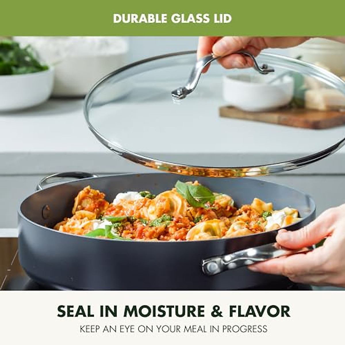 GreenPan Valencia Pro Hard Anodized Healthy Ceramic Nonstick 3.8 Quart Sauteuse Pan with 2 Handles and Lid, PFAS-Free, Induction, Dishwasher Safe, Oven Safe, Gray