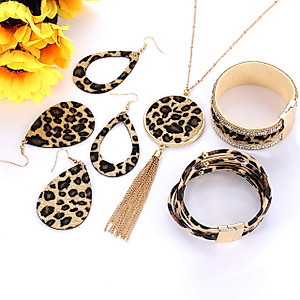 ZOLEAROPY Statement Leopard Jewelry Set For Women Multi Leopard Leather Wrap Bracelet Teardrop Leather Earrings Long Tassel Round Pendant Necklace Set