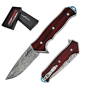 ALBATROSS HGDK001 EDC Classic Damascus Folding Camping Pocket Knives With Liner Lock,Cocobolo Wood Handle,Gifts/Collections