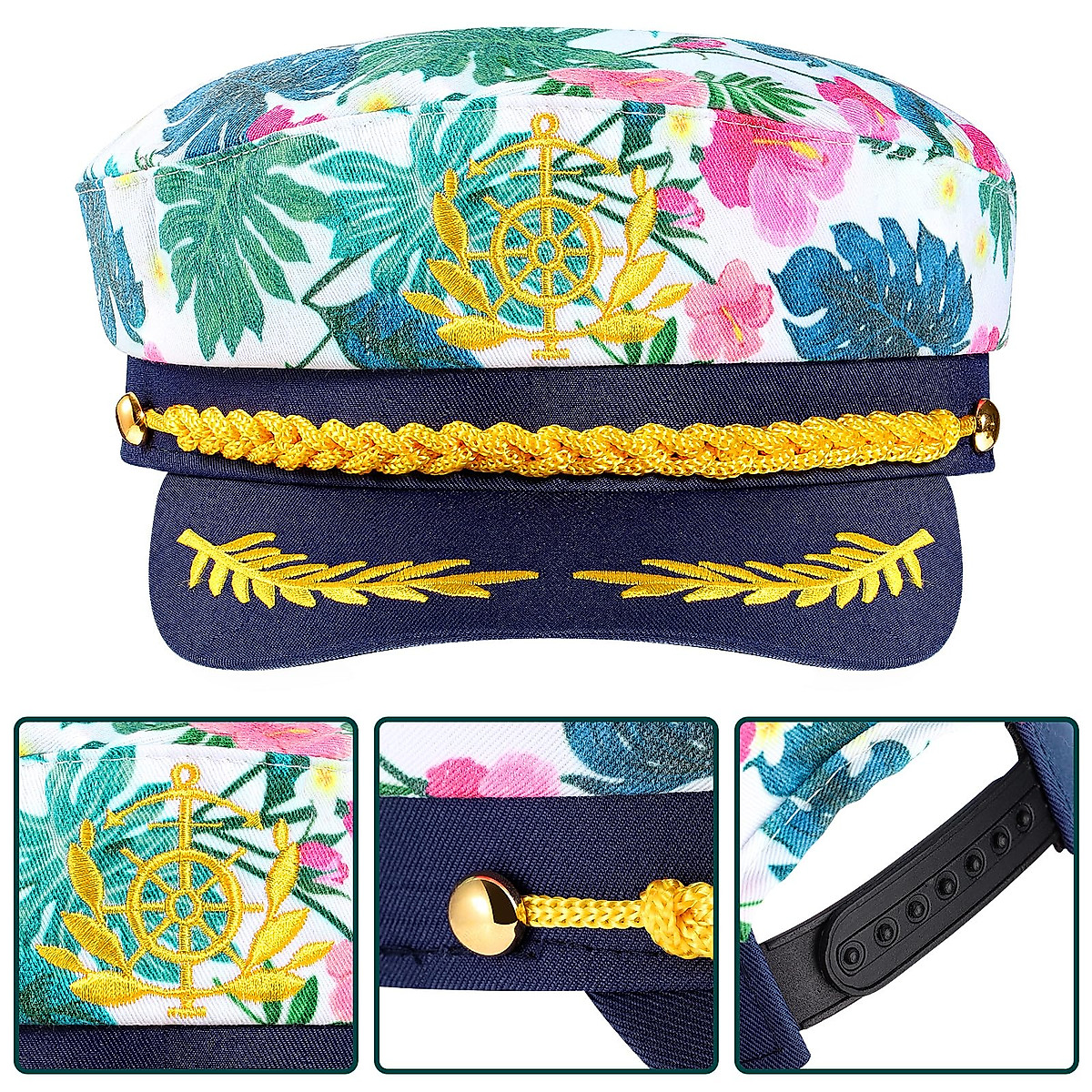 Admiral Captain Hats Pink Flower Sailor Costume Cap Adjustable Hat Marine Cap Hat for Women Men