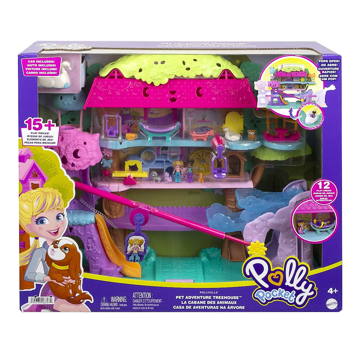 Polly Pocket Doll House with 2 Micro Dolls, Toy Car & 15+ Accessories, Pet Adventure Treehouse Playset