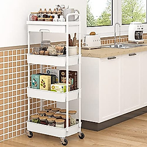 Dttwacoyh 4-Tier Rolling Cart，Trolley with Drawer, Kitchen Storage Organizer with Plastic Shelf & Metal Wheels, Storage Cart for Living Room, Kitchen, Office, Bathroom, White