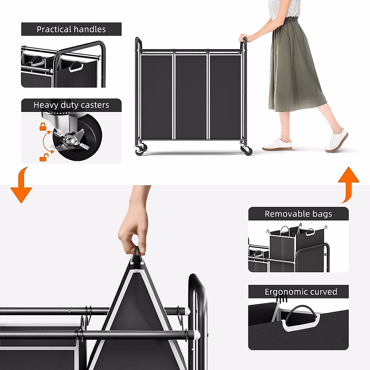 ROMOON Laundry Sorter 3 Section, Heavy-Duty Laundry Hamper with Lockable Wheels and Removable Bags, Rolling Laundry Basket Cart, Dirty clothes hampers for Family laundry, Black