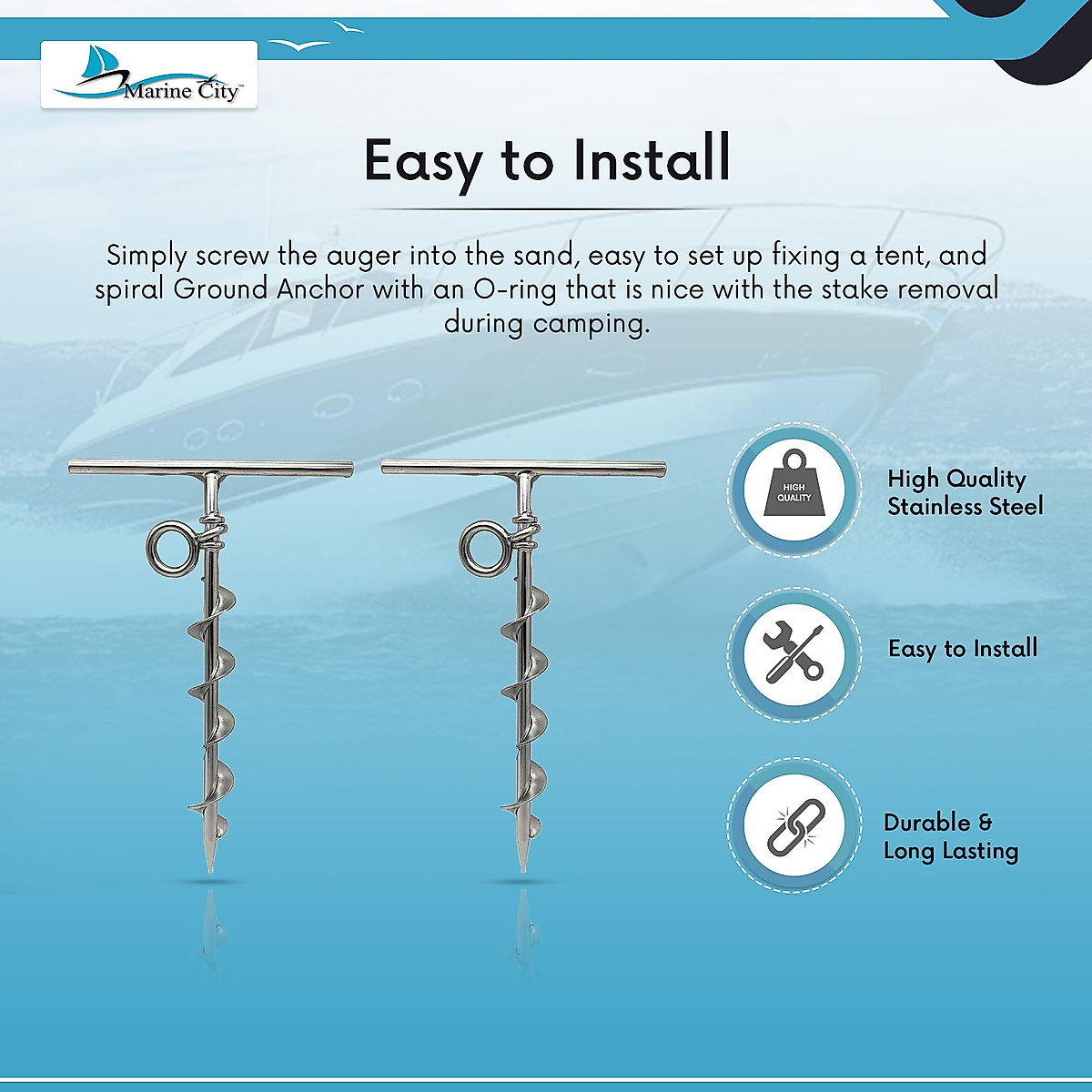 MARINE CITY 304 Grade Stainless Steel Long Grip Spiral Ground Anchor with an O-Ring for Boat Mooring on Beach – Camping Tent – Screw Dog Tie-Out Stake Backyard (Pack of 2)