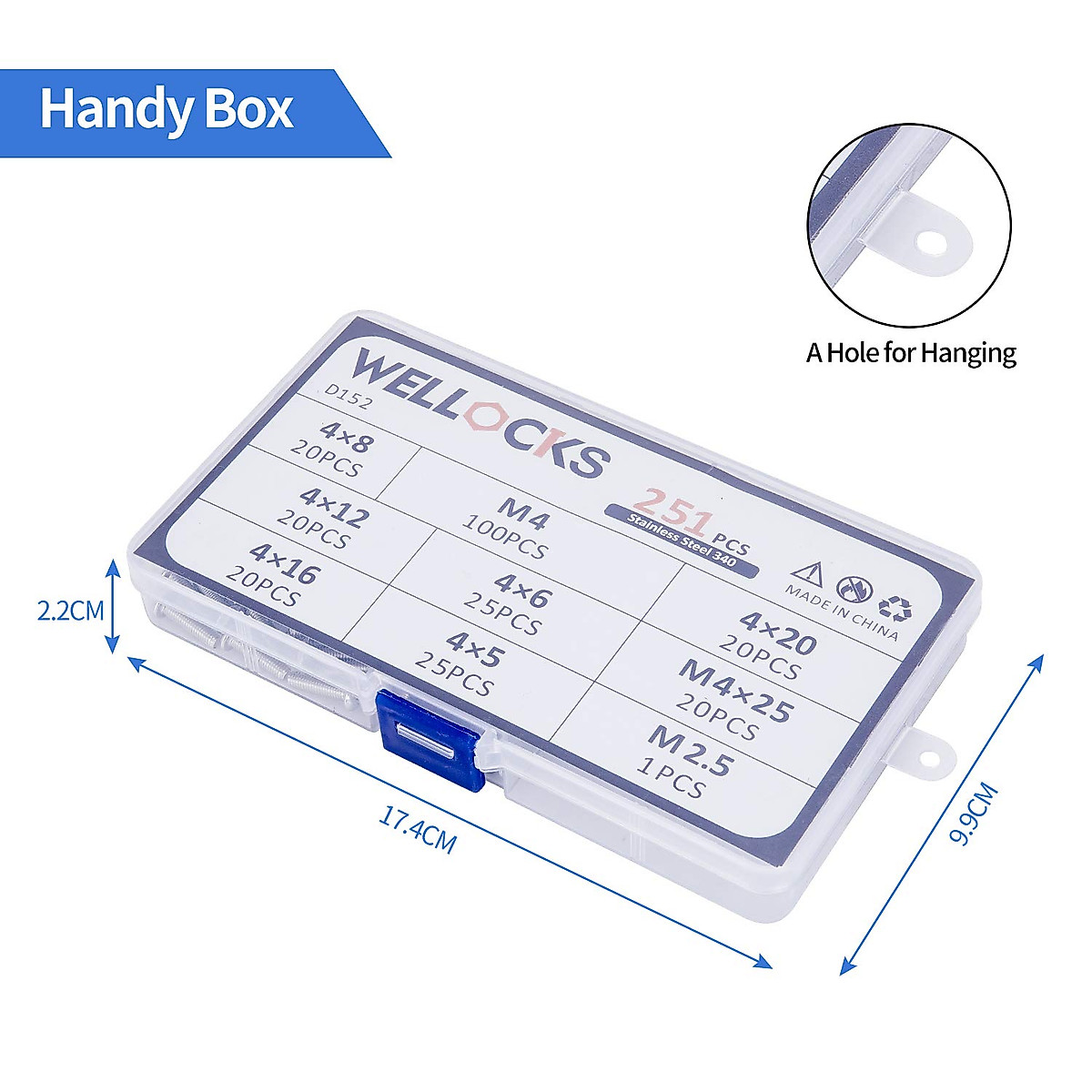 WELLOCKS Socket Cap Screw 251 PCS M4 Metric Bolts and Nuts Assortment Kit with Hex Wrench Button Head Stainless Steel 304 with Storage Box for Shelf Chair Desk Install Repair(D152)