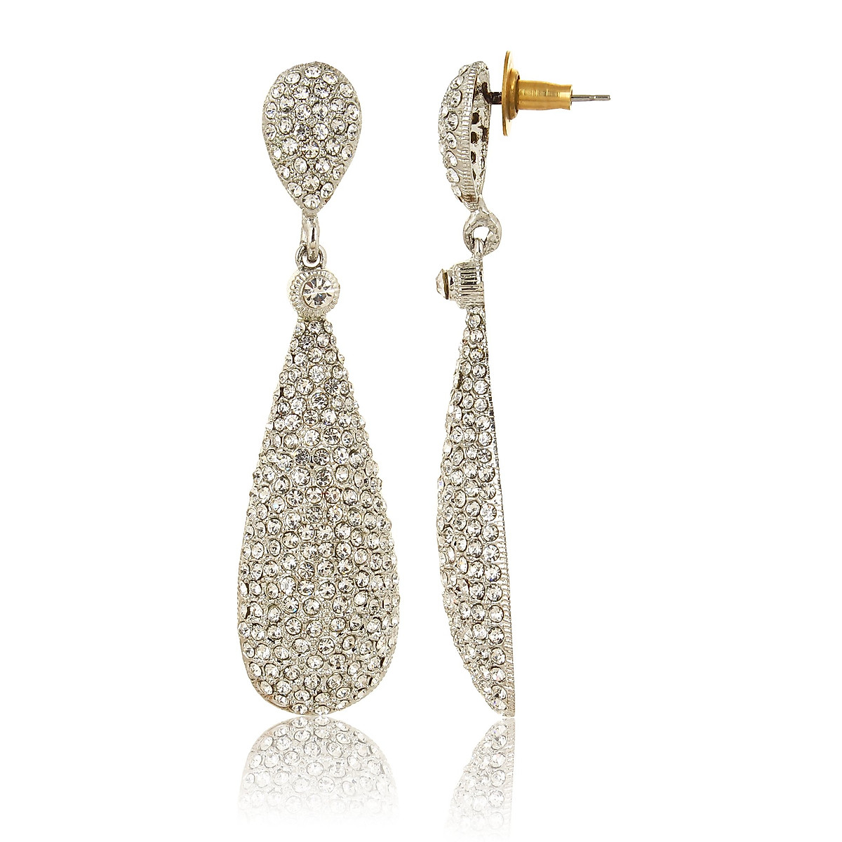 Moonstruck Costume Jewelry Diamond Studded Metal Drop and Dangle Crystal Teardrop Earrings for Women Wedding Party(Silver)