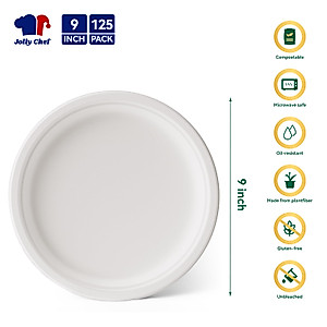 JOLLY CHEF Compostable Heavy Duty Plates 9 Inch [125 Pack] Eco-Friendly Disposable Natural Paper Plates Bagasse Biodegradable Bulk for Party Dinner Sugarcane Fibers Round 125 Count(White)