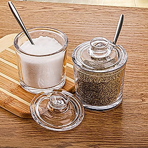 Frcctre Set of 2 Glass Sugar Bowl, 6 Ounces Clear Sugar Jar with Spoon and Lid, Salt Spice Pepper Bowl Seasoning Jar Condiment Pots Dispenser Container for Home Kitchen Coffee Bar