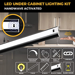 LED Hand Wave Motion Sensor Under Cabinet Lighting Plug In Kit - Dimmable Under Counter Lights for Kitchen - Black Finish - 12Inch (1Pack) - 12v LED Light Bar - Soft Neutral 3500K - Touchless Dimming