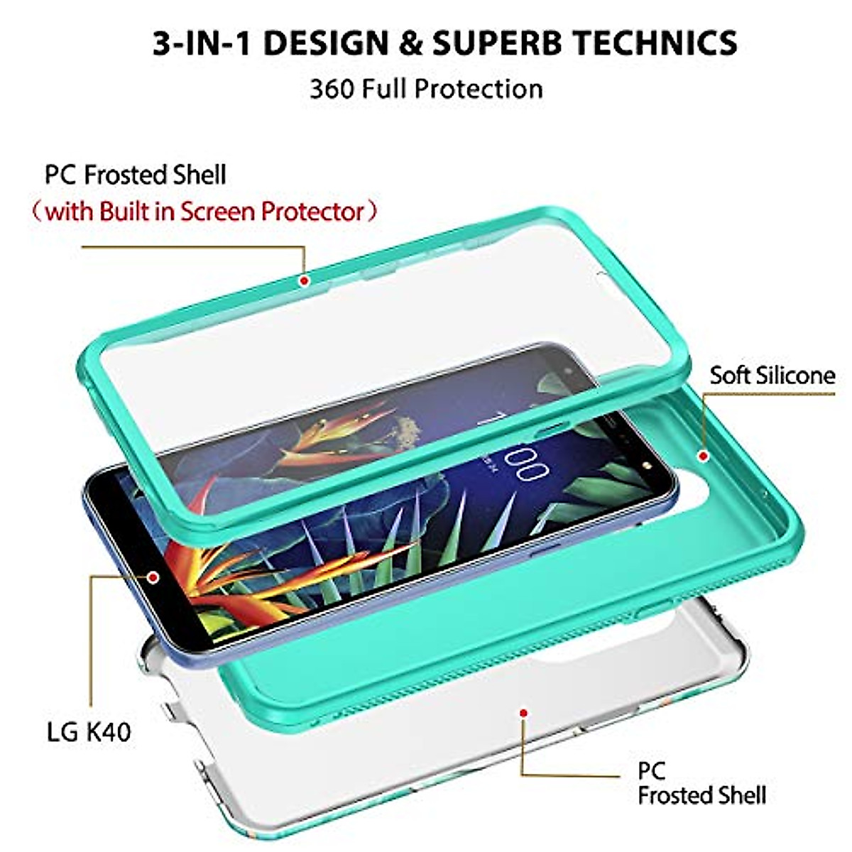 Hekodonk for LG K40/ LG K12 Plus/LG X4 (2019)/LMX4 Case Built in Screen Protector Heavy Duty High Impact PC TPU Full Body Protective Shockproof Anti-Scratch Cover for LG K40 -Marble Mint