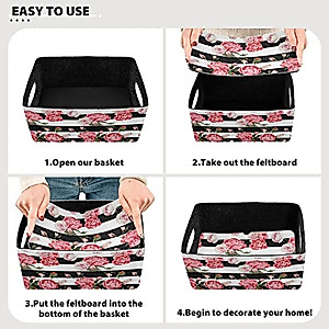 Oyihfvs Floral Peony and Roses Flowers On Black White Stripes 2 PCs Collapsible Storage Bins Baskets, Foldable Felt Fabric Organizer Cube Boxes Storage Bags for Shelves Closet Home Decor