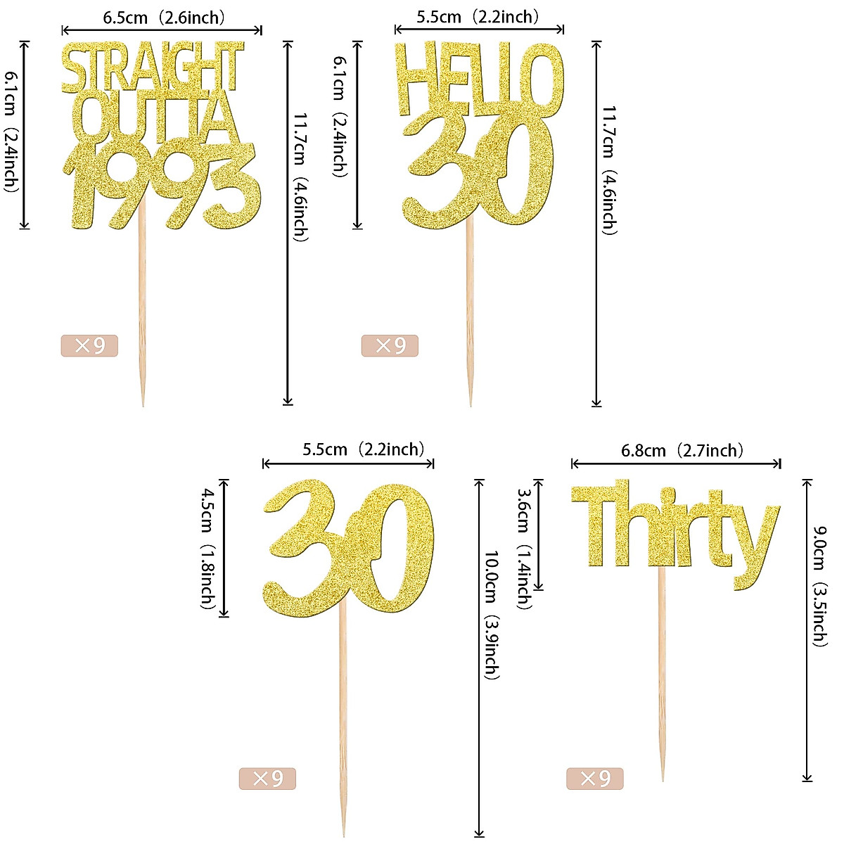 36PCS Happy 30th Birthday Cupcake Toppers Gold Glitter Thirty Hello 30 Straight Outta 1993 Cupcake Picks for Cheers to 30 Years Birthday Wedding Anniversary Party Cake Decorations Supplies