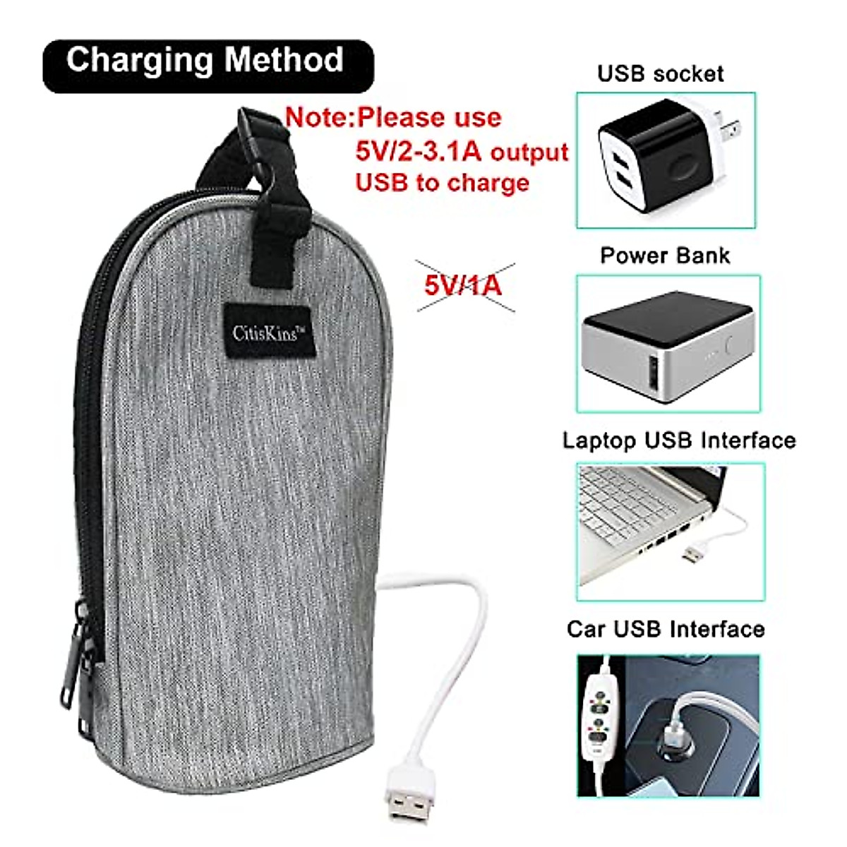 CitisKins Bottle Warmer For Baby Milk USB Portable Bottle Heating Bag Car Bottle Warmer Water Warming Bag On The Go Bottle Warmer At Home Or Travel (grey)