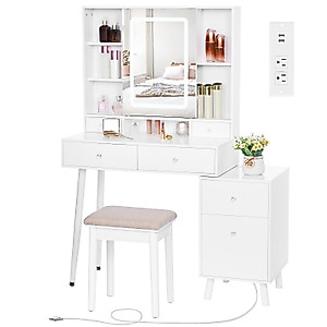 BEWISHOME Vanity Desk, White Vanity with Charging Station & Nightstand, Makeup Desk Makeup Vanity with Lights with 3 Colors Modes, Makeup Table Vanity Table with Sliding Mirror Dressing Table FST19W