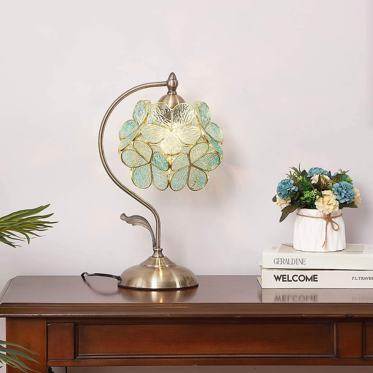 Bieye L10733 Tiffany Style Stained Glass Flower Petal Table Lamp with Brass Base for Home Décor (Light Blue, 8" Cherry Blossom)