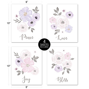 Sweet Jojo Designs Lavender Purple, Pink Grey and White Wall Art Prints Room Decor for Baby, Nursery, and Kids for Watercolor Floral Collection - Set of 4 - Peace, Love, Joy, Bliss
