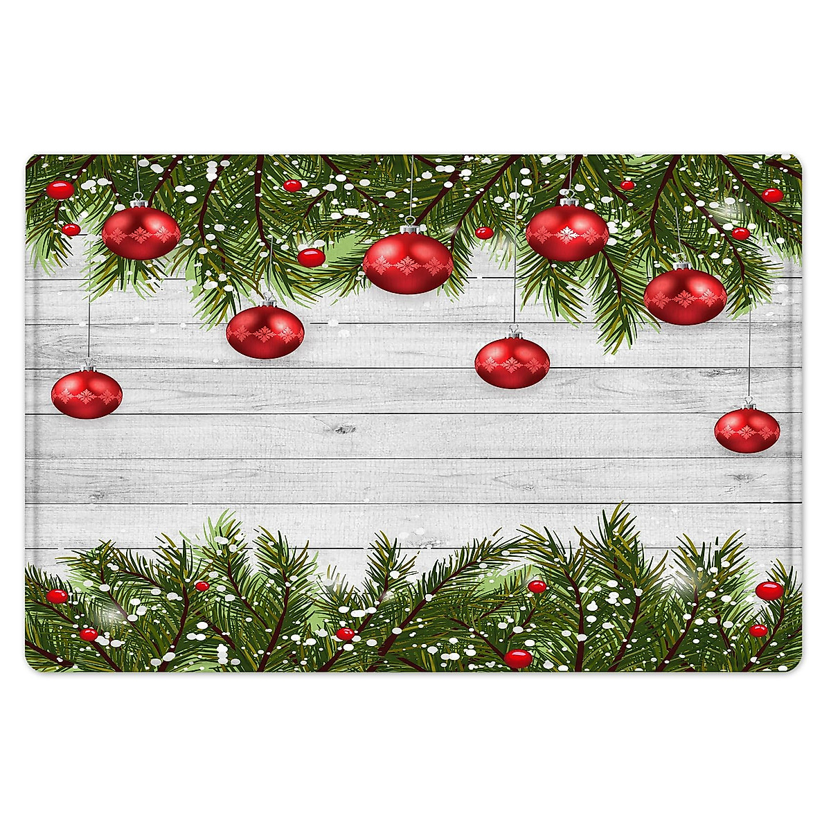 LB Red Christmas Ball Bathroom Rug Green Pine Tree Leaves Bath Mat Farmhouse Grey Wood Doormat Non Slip Memory Foam Super Absorbent Floor Mats,24Wx16H Inch