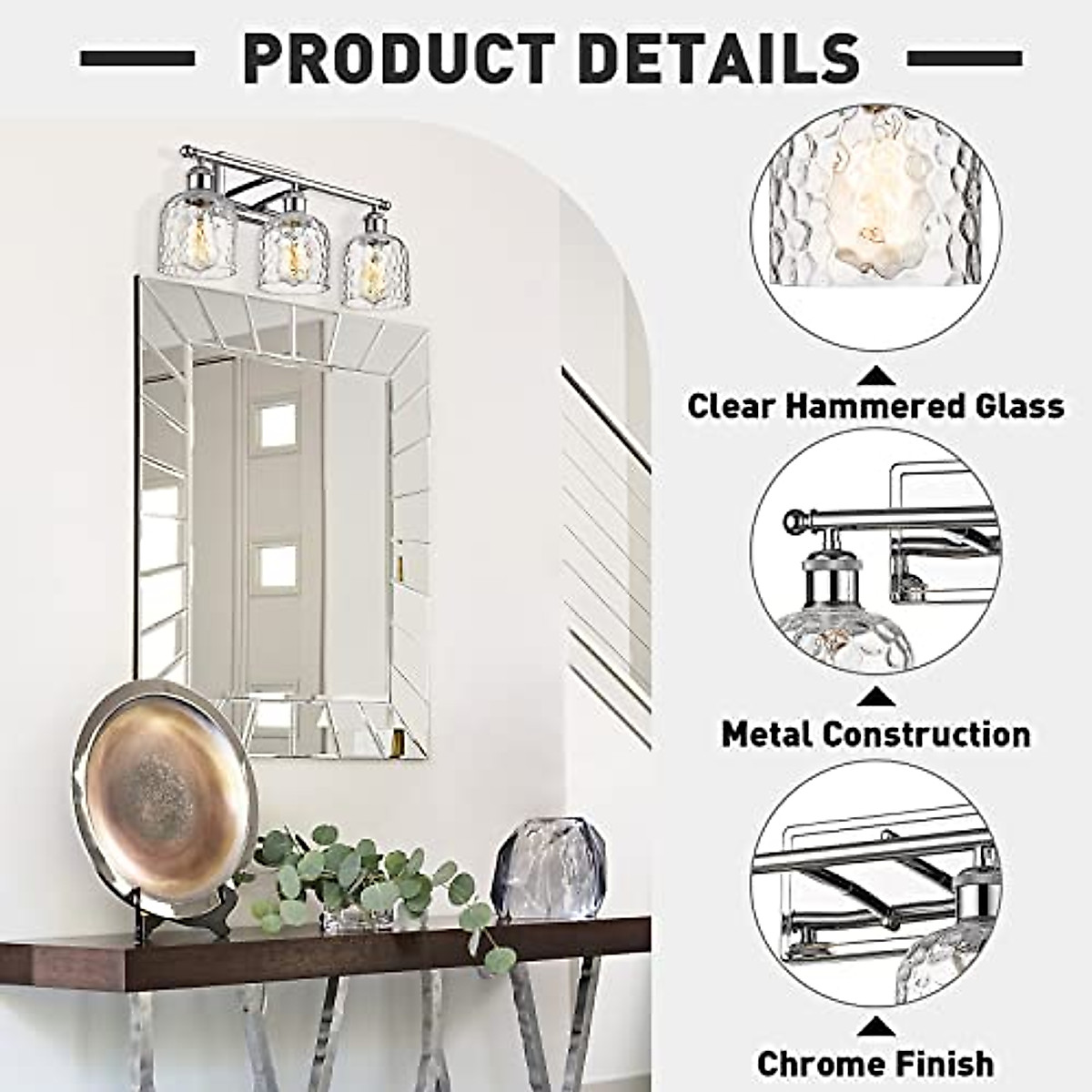 zeyu Modern Vanity Lights for Bathroom, Industrial 3-Light Chrome Bathroom Lights with Hammered Glass Shade, ZJF63B-3W CH