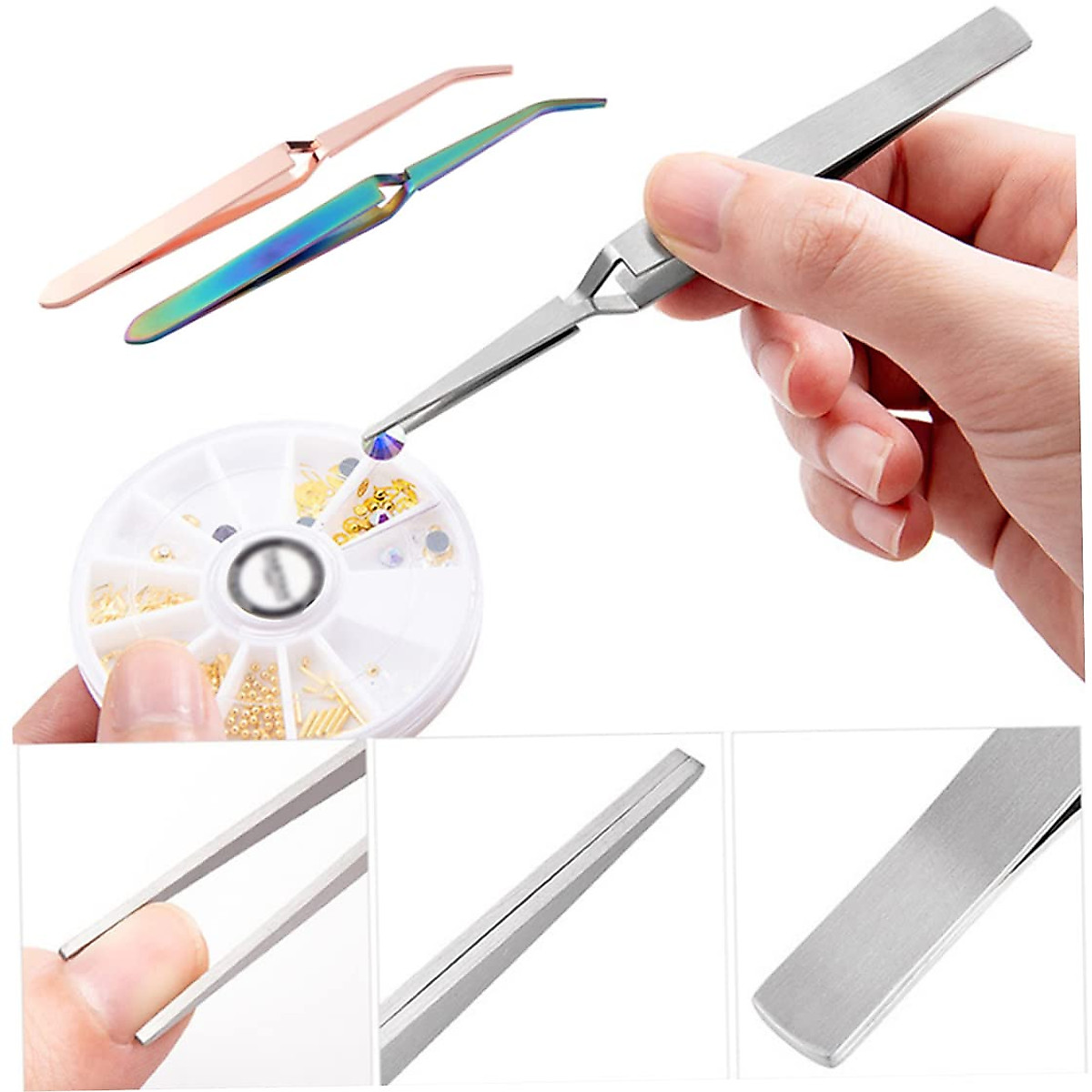 Jualyue Nail Art Tweezers Set Stainless Steel Tip C Curve Pinchers Sculpture Clip Manicure Pointed Slant Tool for Nail Art 2pcs, Curved Nail Tweezers, Nail Tweezers Nipper, Nail Tweezers