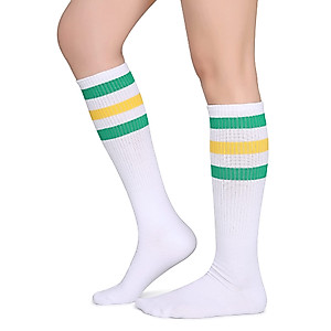 Henwarry 3 Pairs Classic Triple Stripes Over the Calf Cotton Retro Tube Socks for Men and Women (B04-Green/Yellow/White)