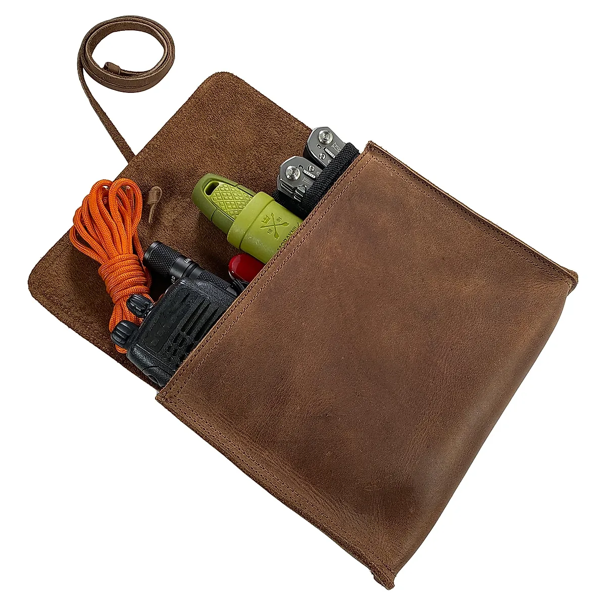 Saddle & Hide Co., Classic Organizer Bag with Strap, Multipurpose Pouch for Cosmetics, Wallets, Cellphones, Full Grain Leather, Handmade, Bourbon Brown