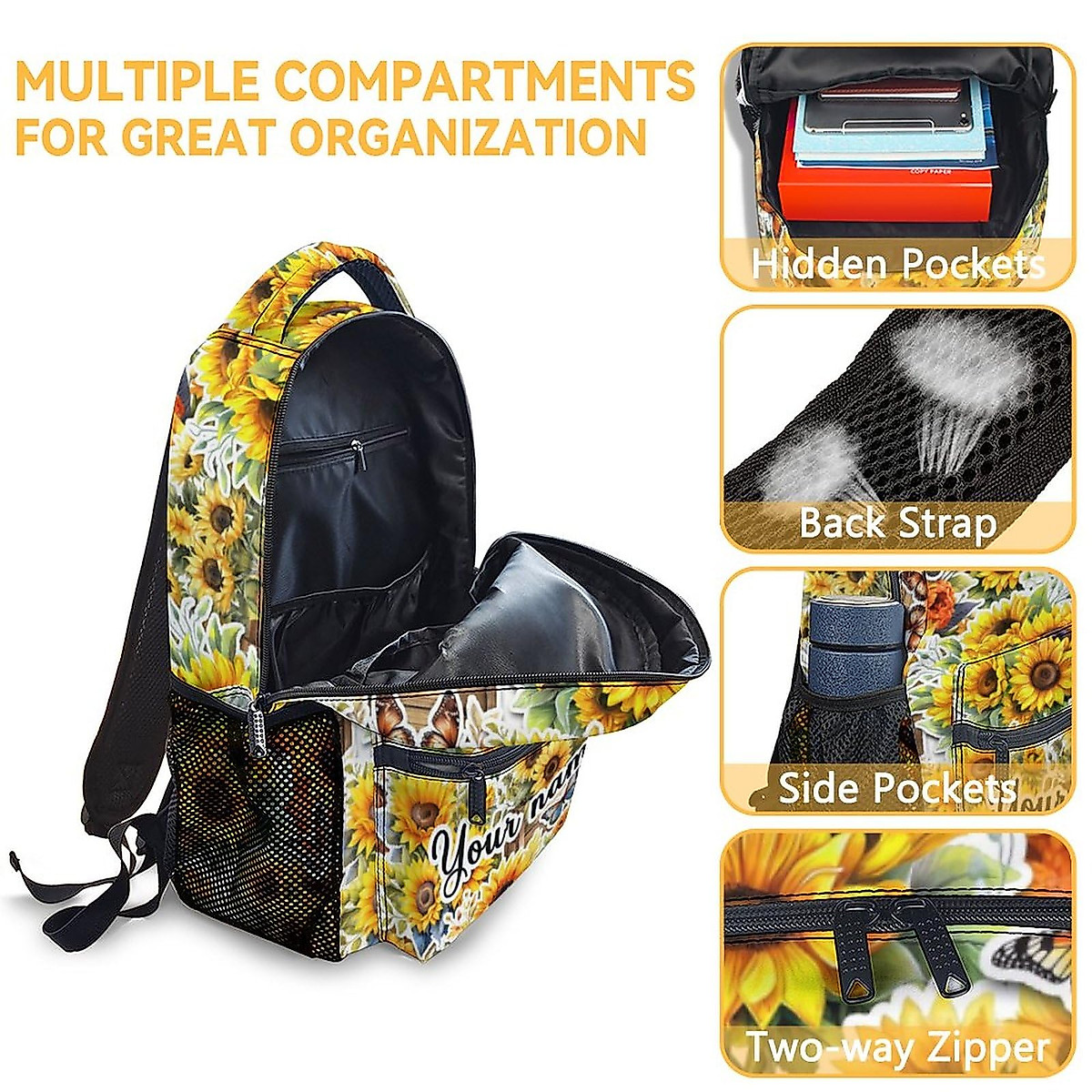 COOPASIA Personalized Sunflower Backpack for Girls, 16 Inch Aesthetic Backpack for School, Yellow, Adjustable Straps, Durable, Lightweight, Large Capacity Bookbag for Kids