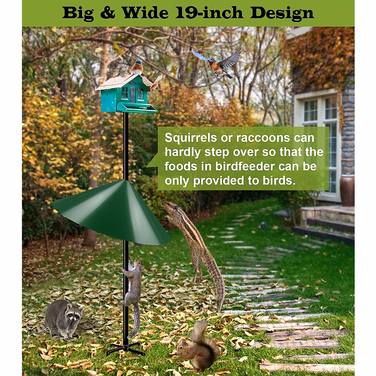 Ansionsol 19 Inch Wide Squirrel Baffle for Bird Feeder Pole, Outside Pole Mount Stopper & Bird House Guard for Outdoor Shepherd’s Hook, Green, 1 Pack