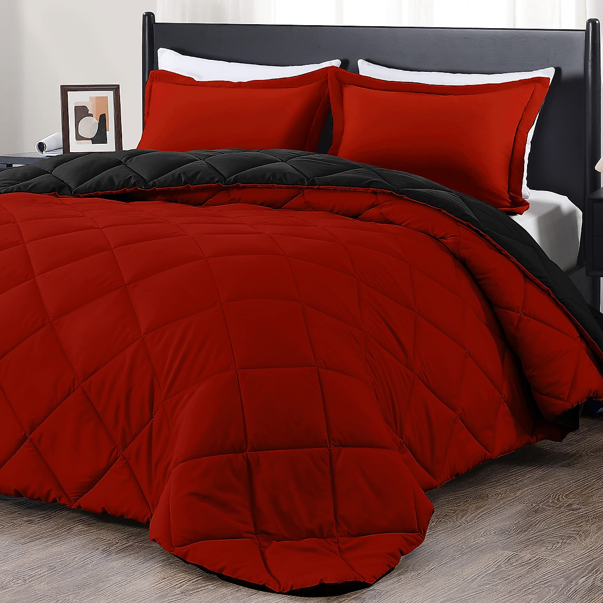 downluxe Lightweight Solid Comforter Set (King) with 2 Pillow Shams - 3-Piece Set - Red and Black - Down Alternative Reversible Comforter